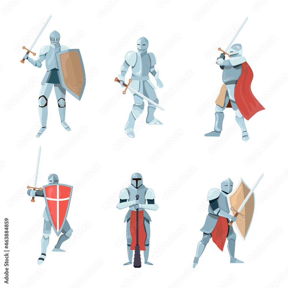 Chivalry cartoon vector illustration set. Knights or medieval fighters ...