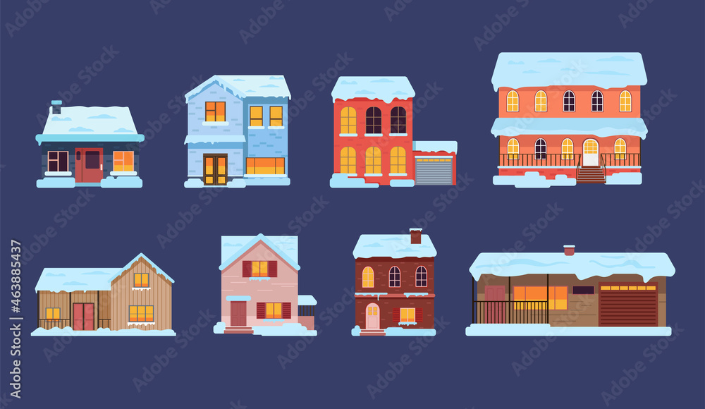Houses and apartment buildings in snow isolated on blue background ...