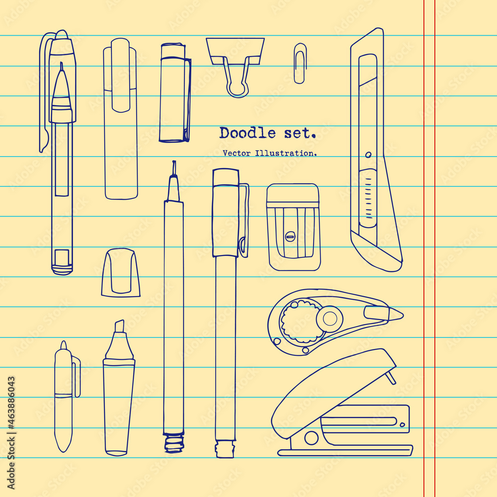 Isolated set of hand drawn stationery. Sketch writing items. Doodle ...