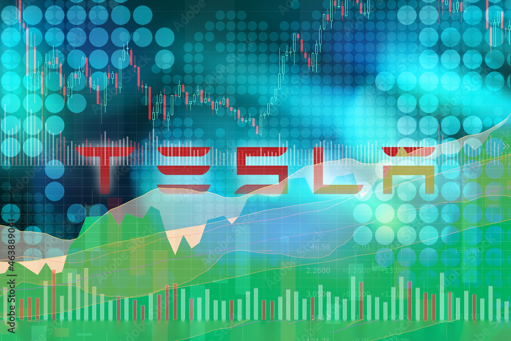 TESLA TSLA stock chart on global digital world map abstract background ...
