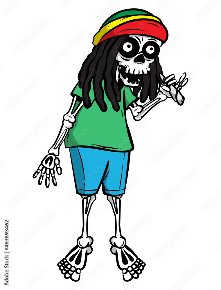 Cartoon Illustration of Skeleton with dreadlocks hair, wearing beanie ...