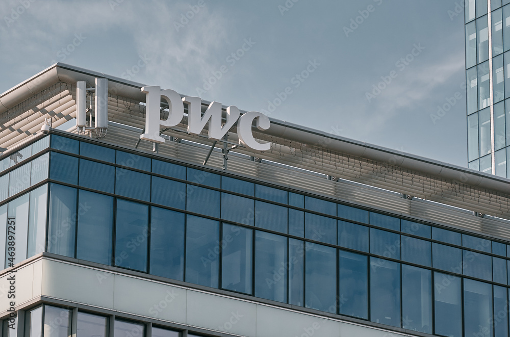10.07.2021 Gdansk, Poland. PWC on the office building. PWC on the ...