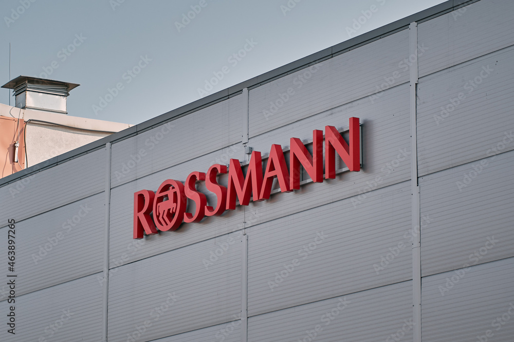 10.07.2021 Gdansk, Poland. Rossman on the office building. Rossman on ...