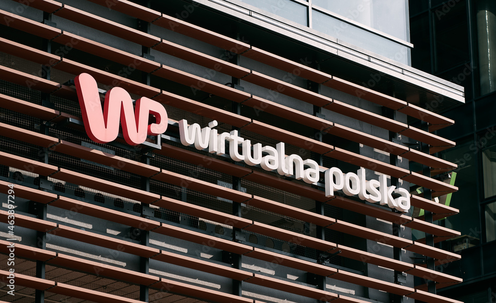 10.07.2021 Gdansk, Poland. Wirtualna Polska logo on the office building ...