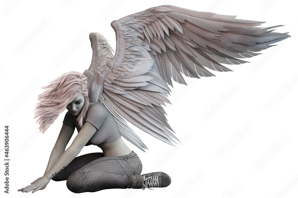 Fallen Angel with White Wings Caucasian Woman on Isolated White ...