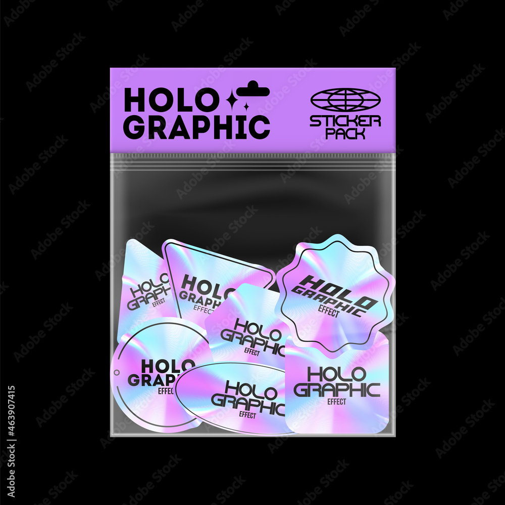 Holographic sticker pack. Color hologram labels of various shapes, high ...