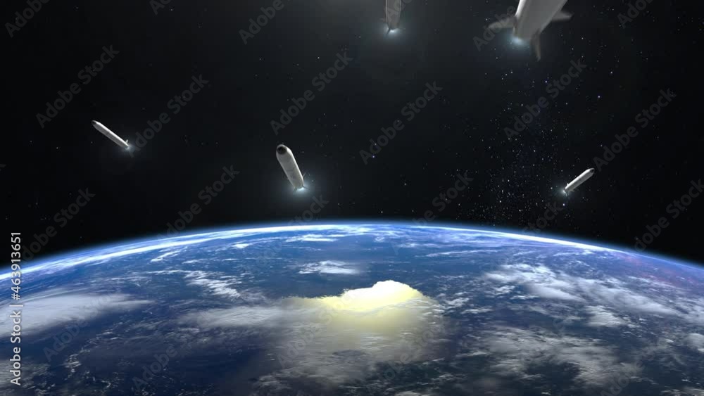 Group of nuclear hypersonic missiles takes off over the Earth. View ...