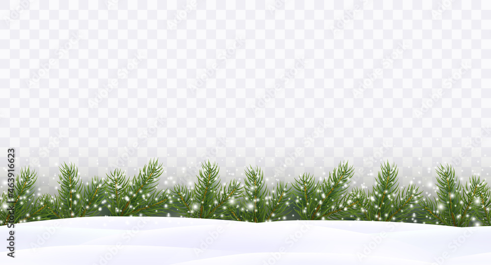Border with green fir branches, falling snowflakes, snowdrifts isolated ...