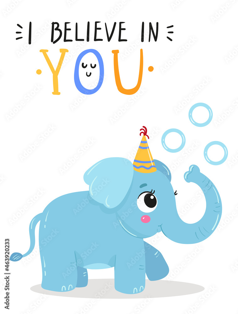 Hand drawn cute card with circus elephant, juggler, rings. Lettering I ...