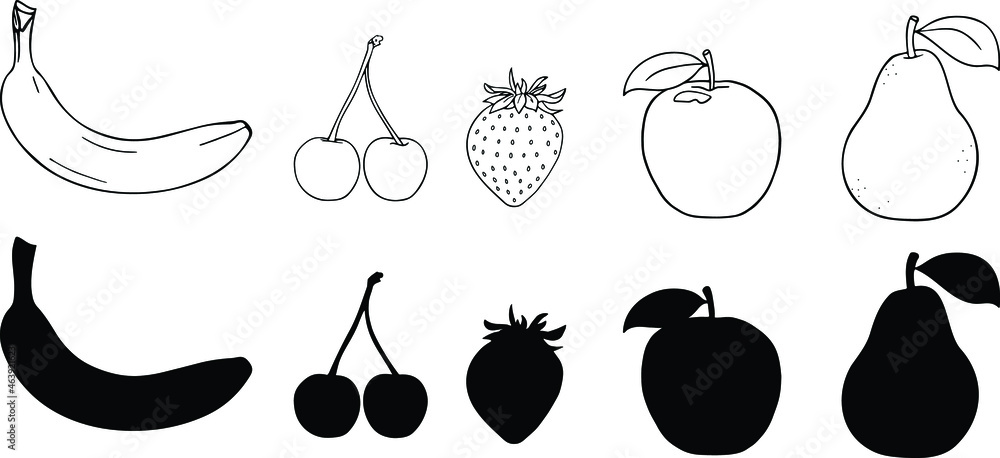 Hand drawn Fruit Drawing Clipart Set - Outline and Silhouette Stock ...
