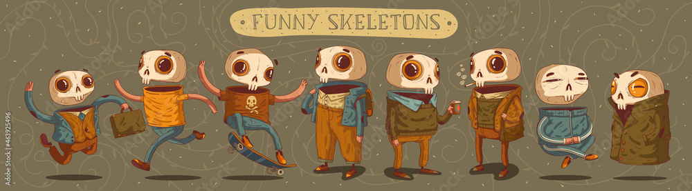 Funny Halloween skeletons vector set. Eight cute cartoon big-eyed ...