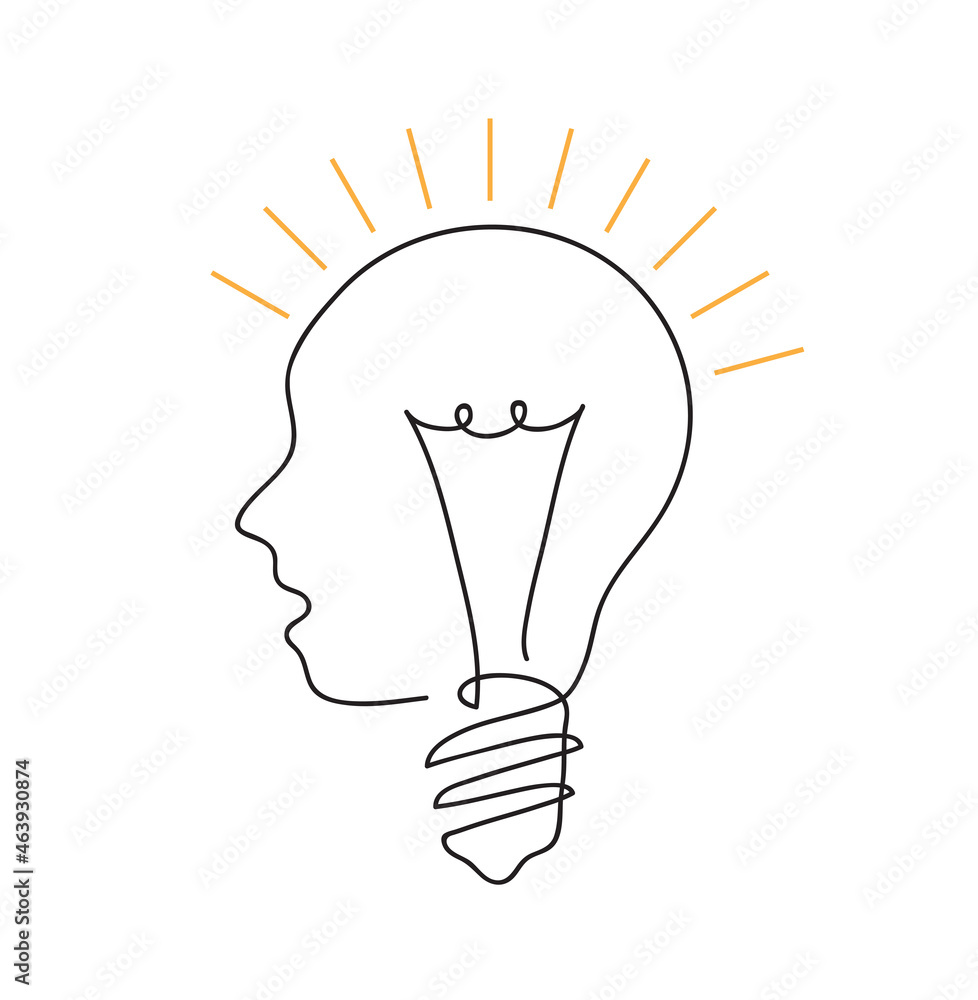 Human head lightbulb glows. Idea Concept. Continuous line art drawing ...