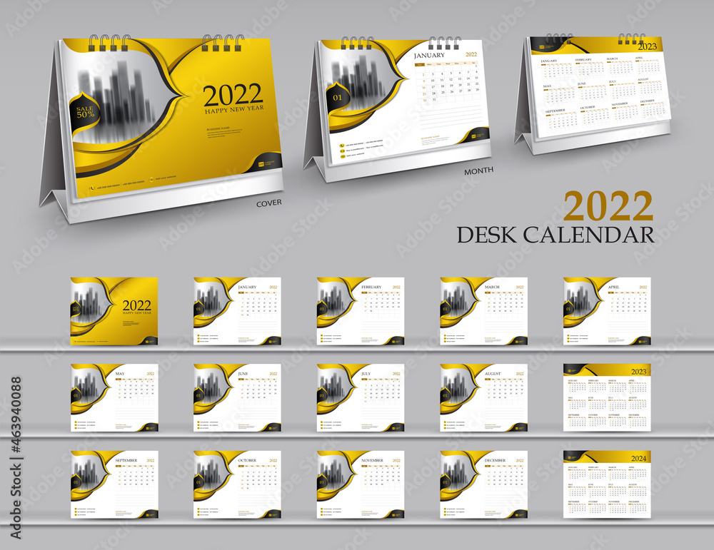 Calendar 2022 template set on gold background, calendar 2023-2024 year ...