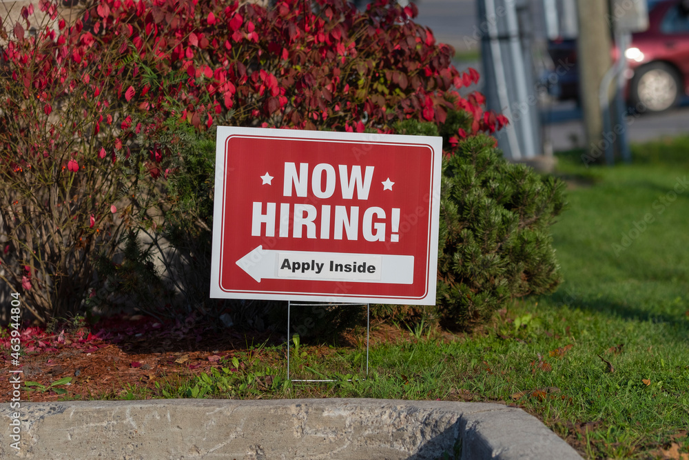 Outdoor lawn sign now hiring apply inside with a direction arrow ...