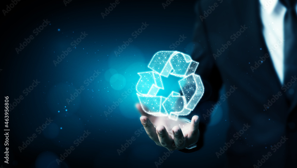 Foto de Reuse, reduce, recycle concept. Hand holding icon 3d recycle ...