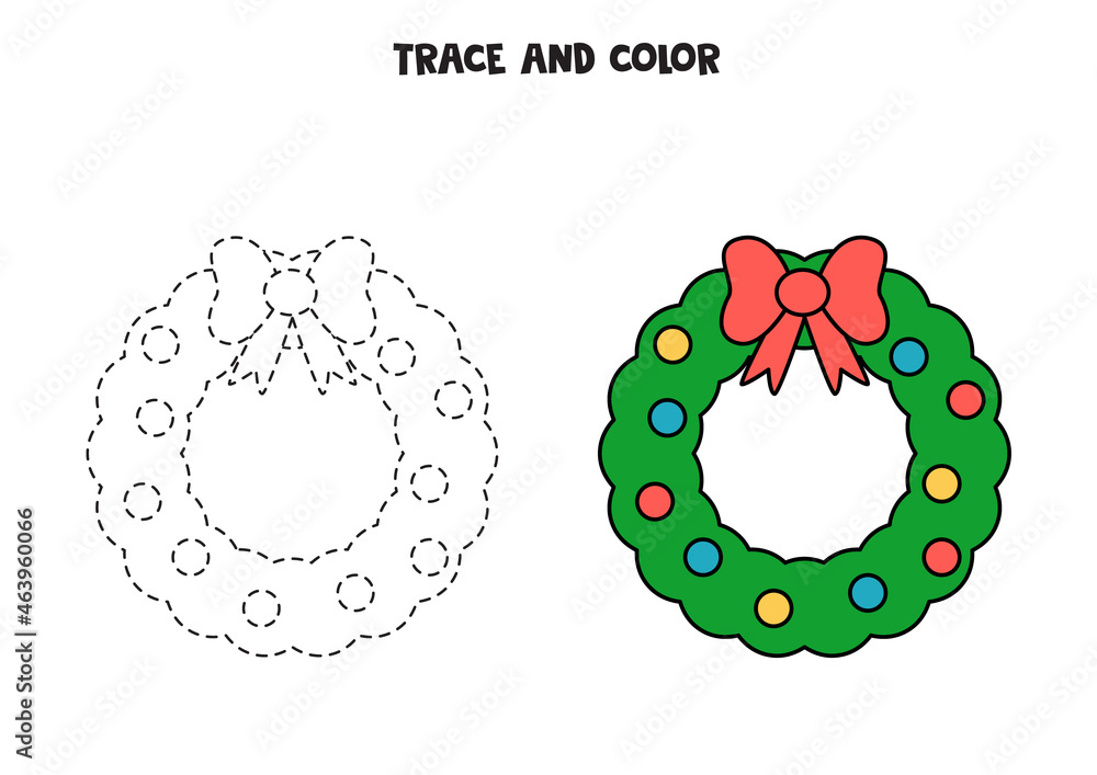 Trace and color cute Christmas wreath. Worksheet for kids. Stock Vector ...