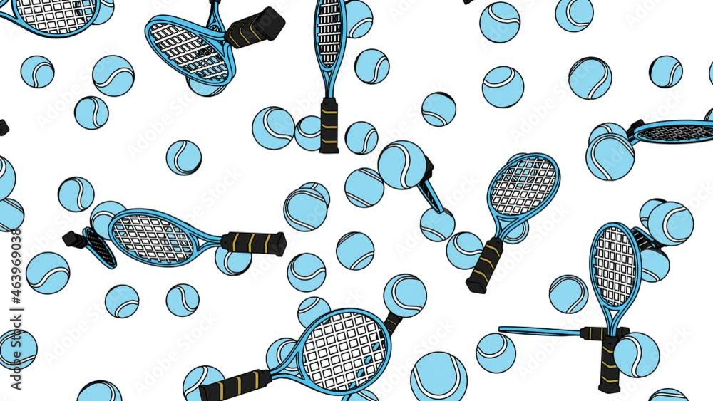 Toon style pale blue tennis balls and tennis rackets on white ...