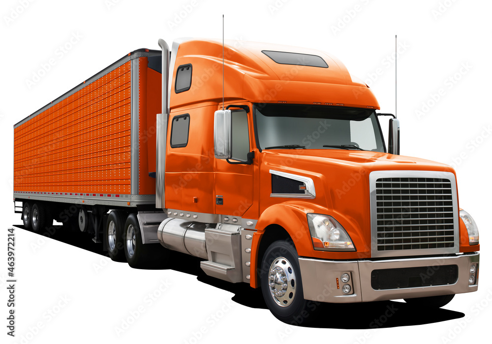 Modern truck with semi-trailer in completely orange color. Front side ...