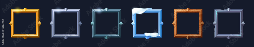 Square frames for game ui design. Vector cartoon set of user interface ...