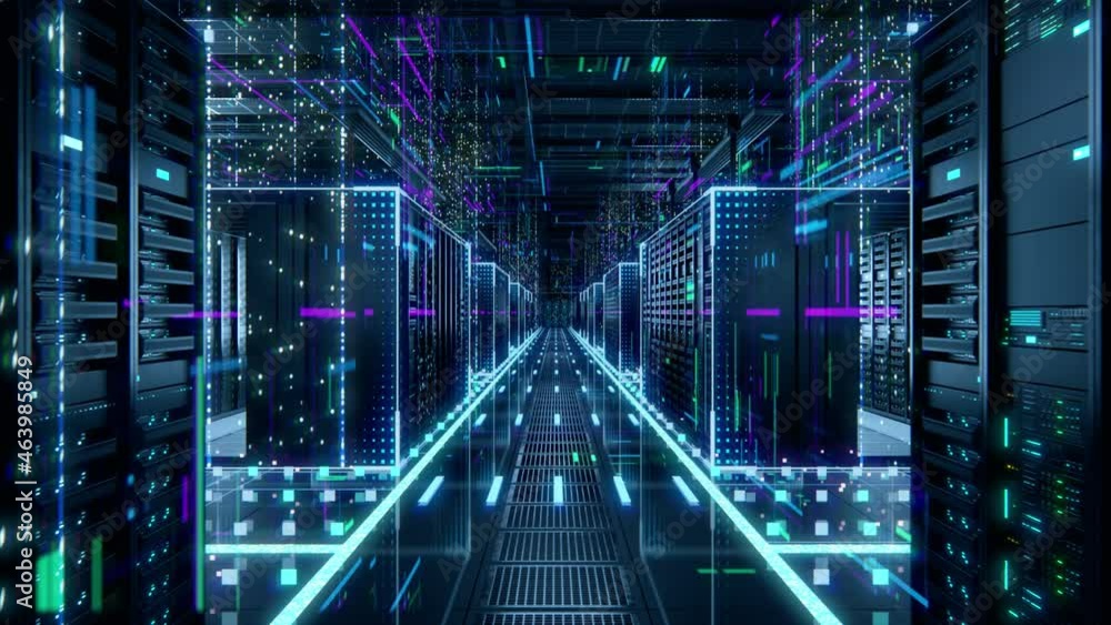 Modern Data Technology Center Server Racks in Dark Room with VFX ...