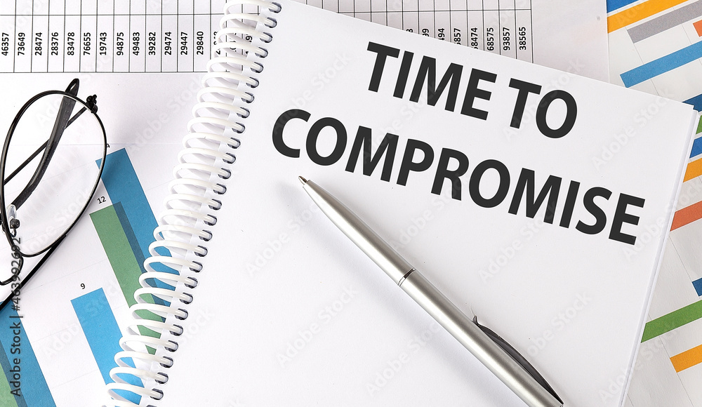 TIME TO COMPROMISE text , pen and glasses on the chart,business Stock ...