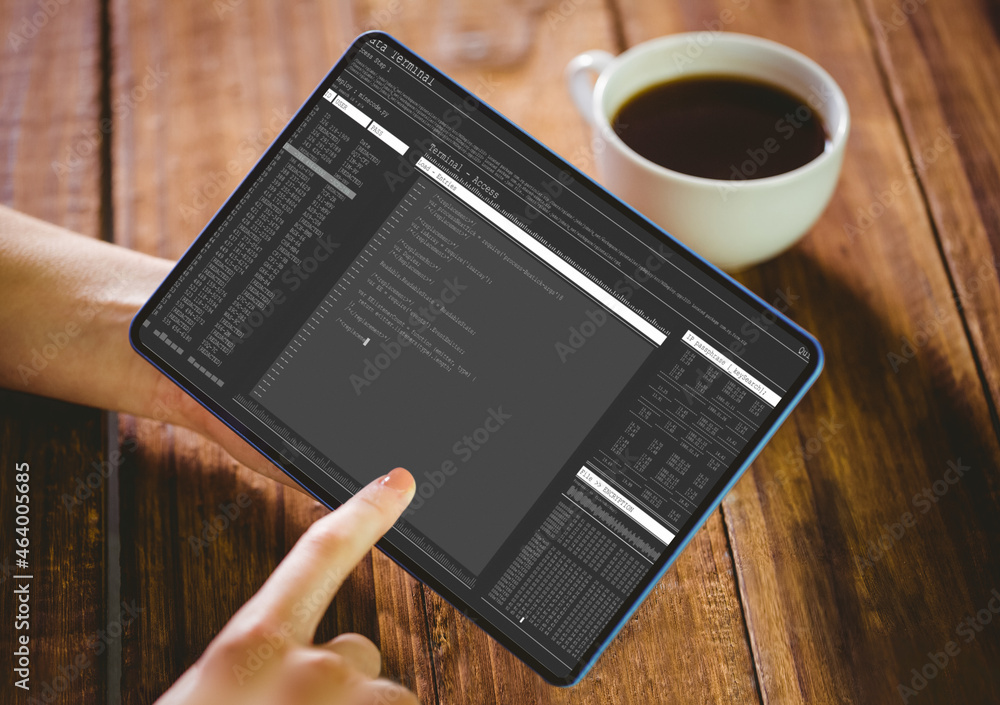 Hands of caucasian female programmer with coffee using tablet with coding on screen Stock Photo ...