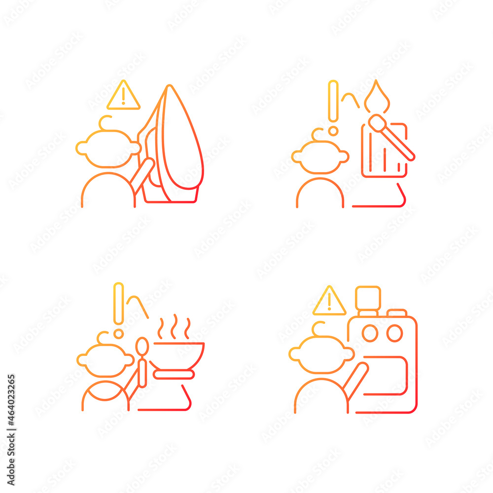 Skin burns danger gradient linear vector icons set. Child safety. Fire ...