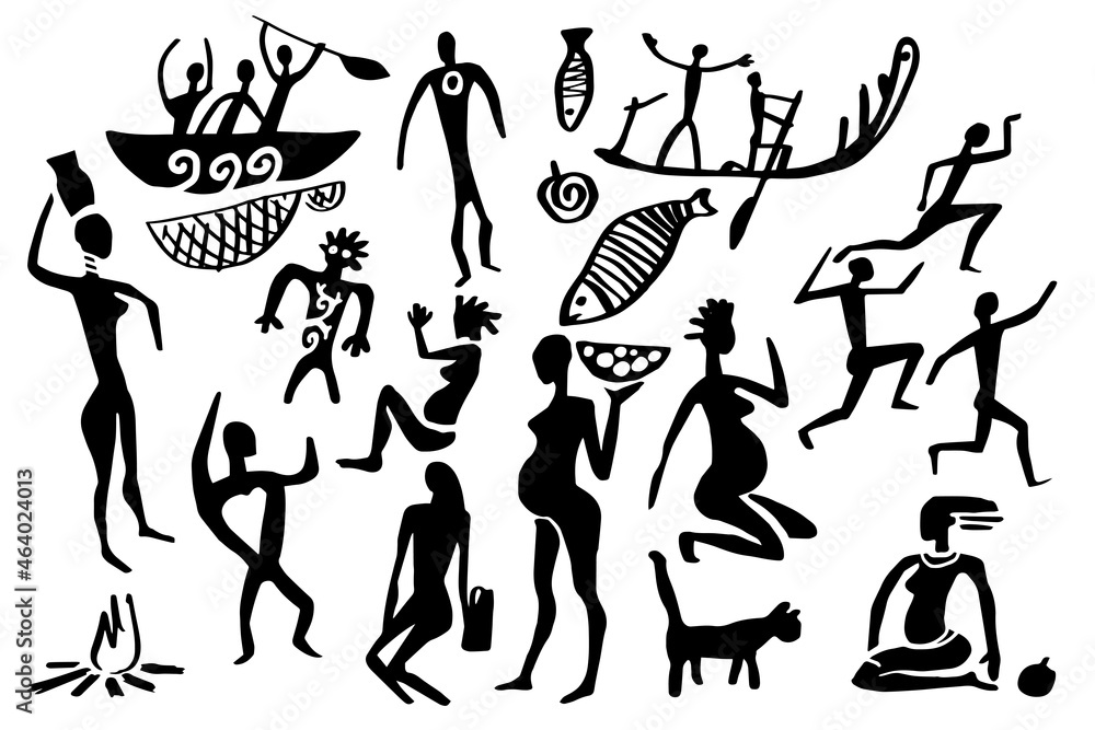 Primitive men and woman silhouette with fish, cat, pots. Rock painting ...