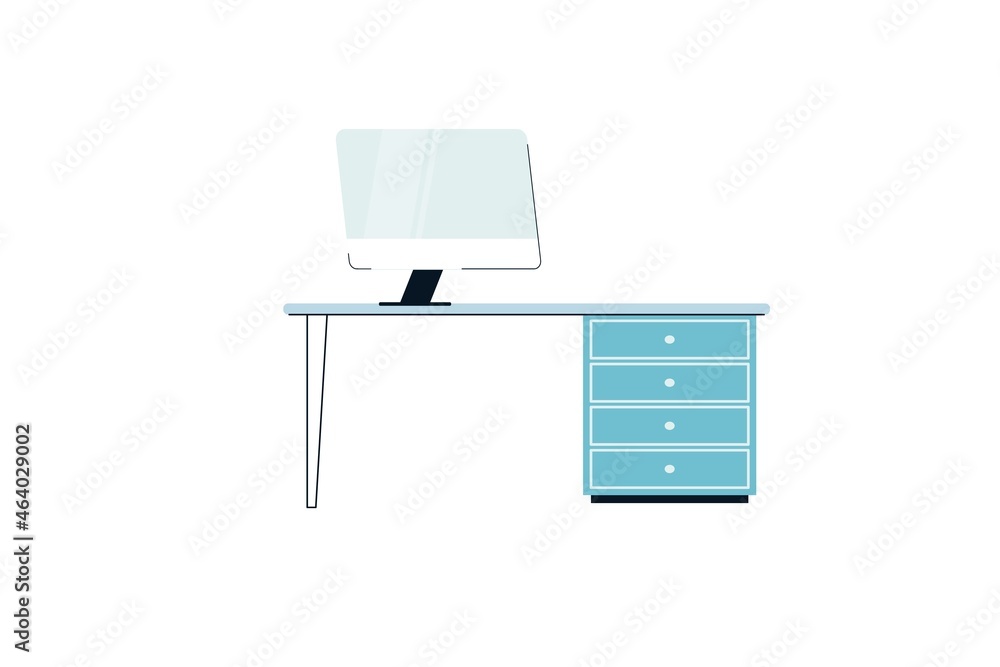 Vector flat cartoon computer monitor on work desk with drawers isolated ...