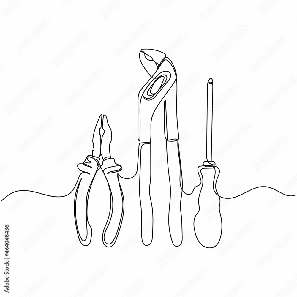 Vector continuous one single line drawing of tools in silhouette on a ...