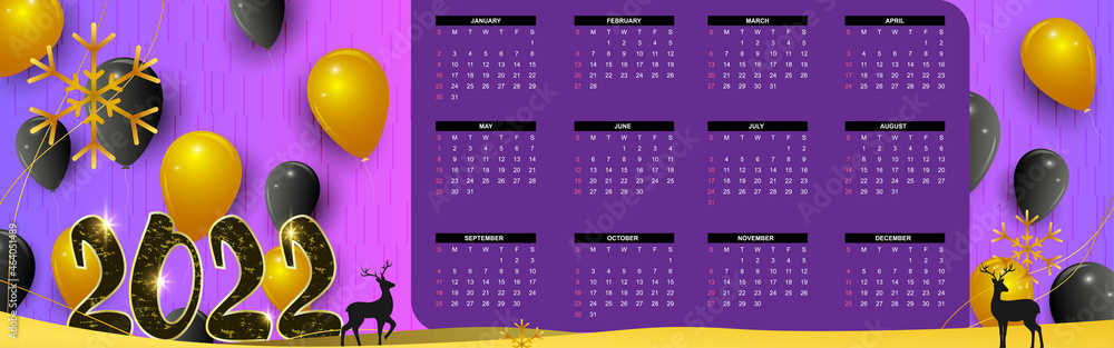 2022 Calendar template, set of 12 months, week start from Sunday ...