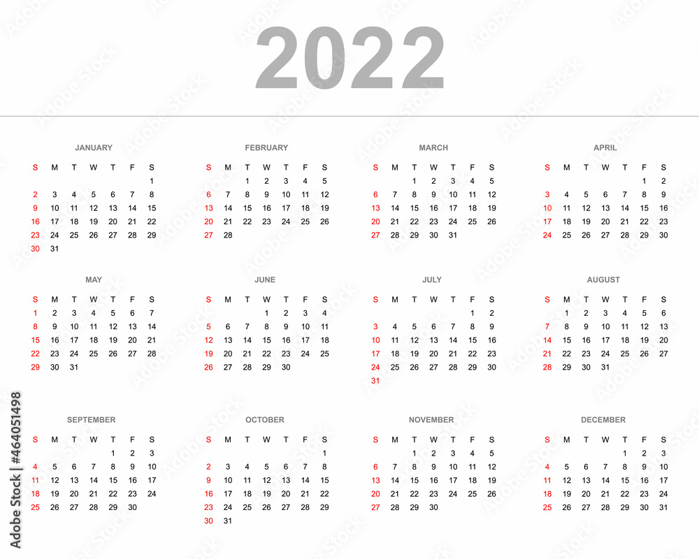 2022 Calendar template, set of 12 months, week start from Sunday ...