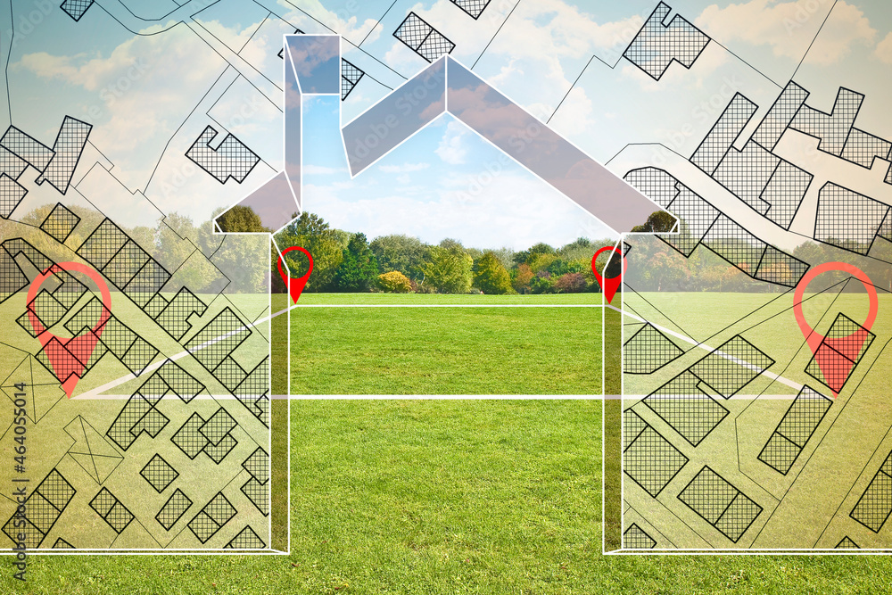 Land plot management - Imaginary city map with buildings, land parcels ...