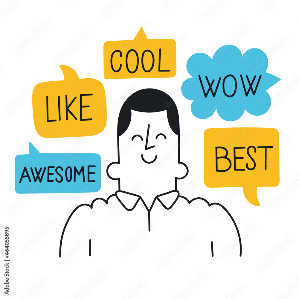 Positive feedback. Man surrounded by speech bubbles with positive ...