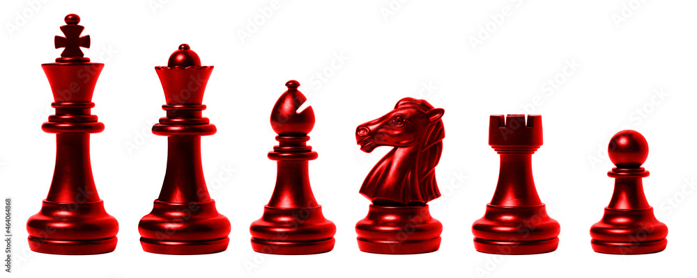 isolated red chess set chess piece king, queen, bishop, knight horse ...