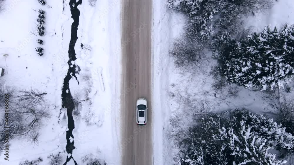 aerial view of the car moving forward by snowed road Stock Video ...