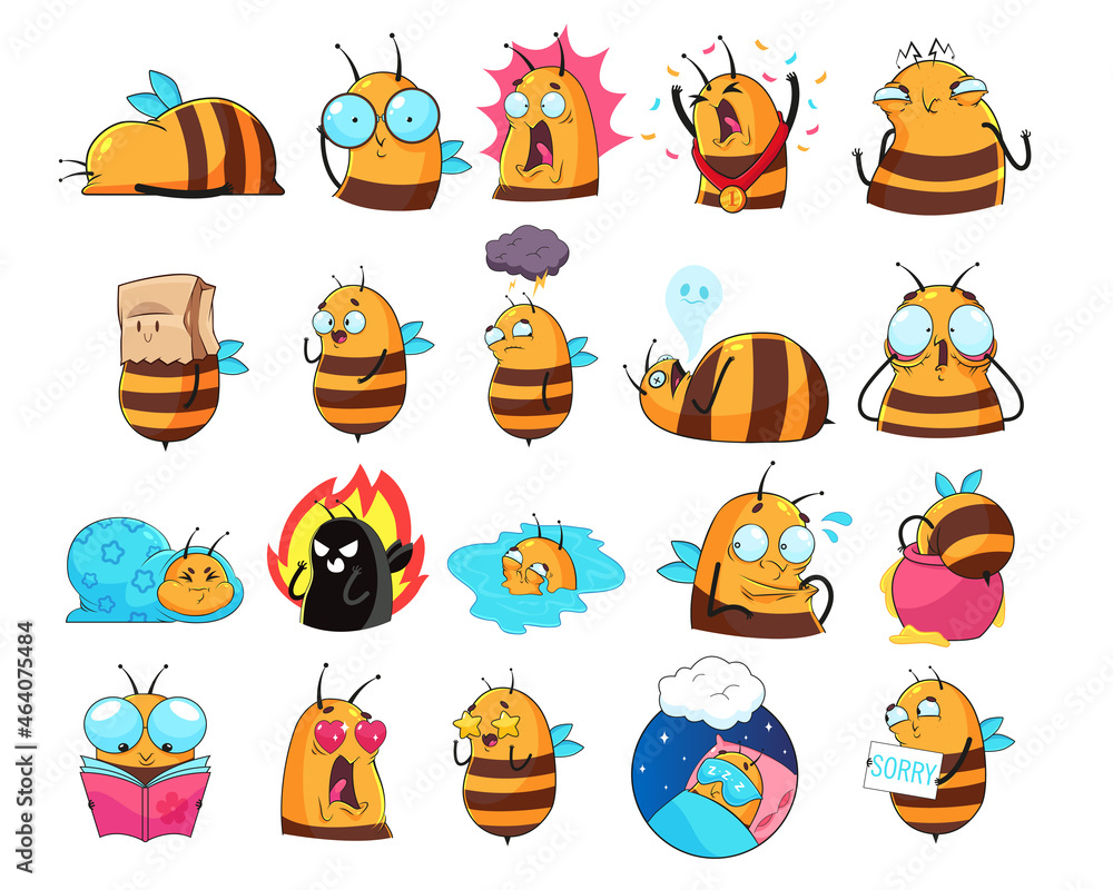 Face expressions of cute bee cartoon character sticker set. Emoticons ...