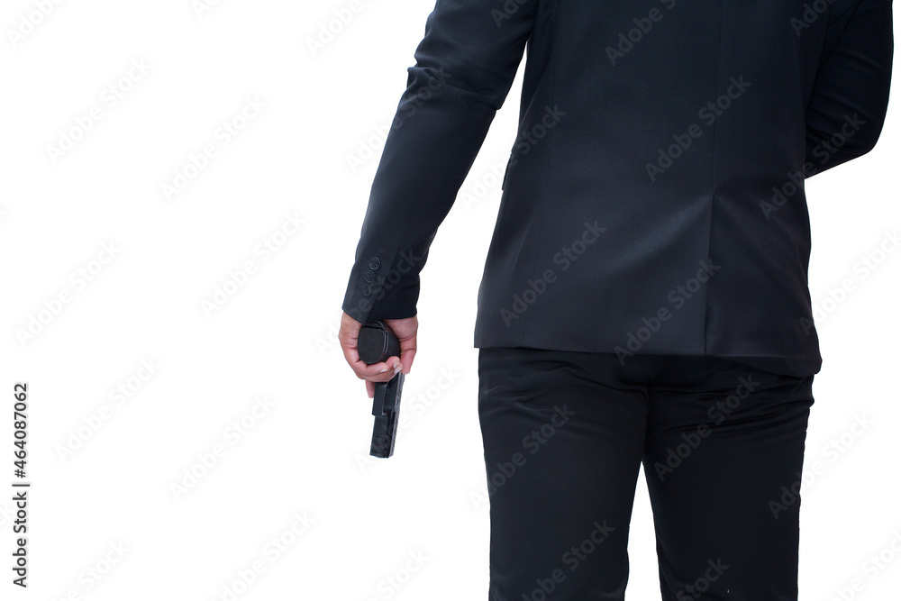 back view of gun man wearing black suit holding pistol on white ...