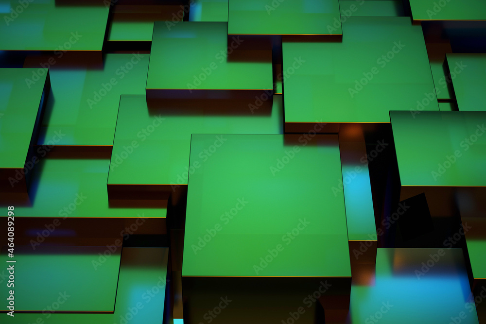 3D illustration of green rectangles. Randomly placed green squares on ...