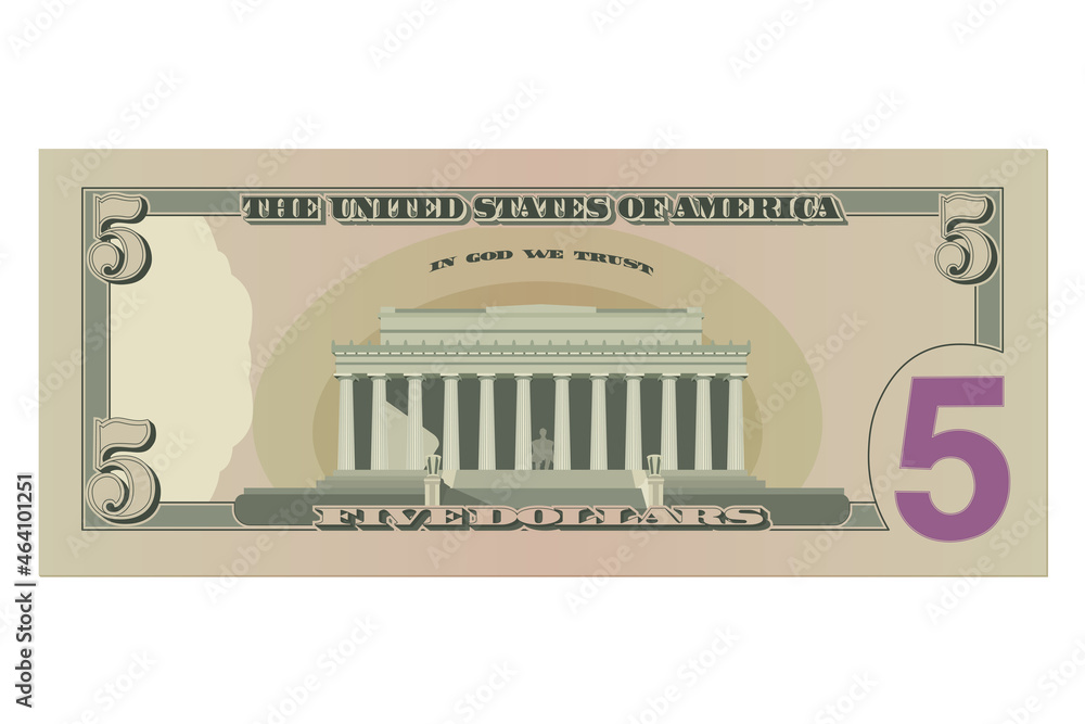 Five dollar bill, 5 US dollars banknote, reverse side. Simplified ...