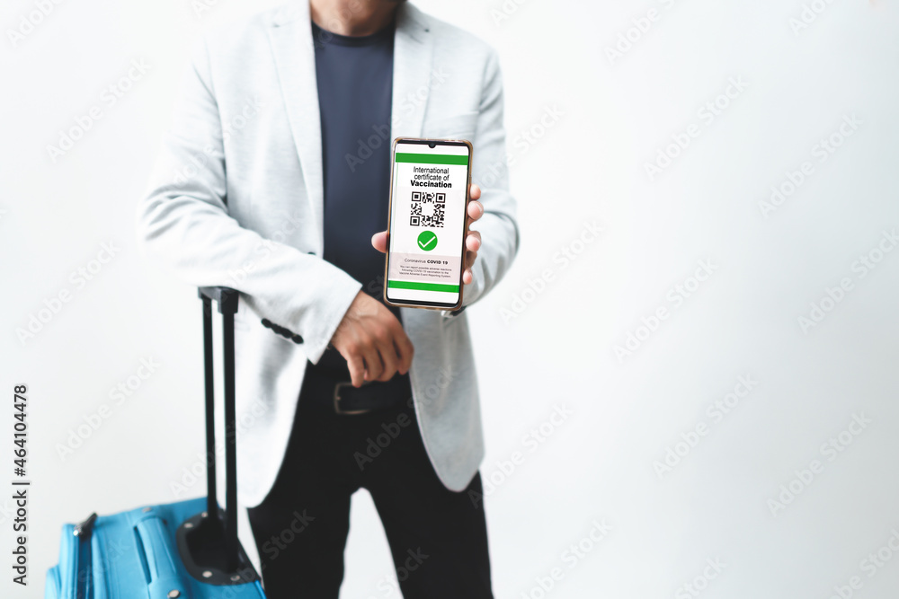 executive man shows his QR code certificate of vaccine against covid 19 ...