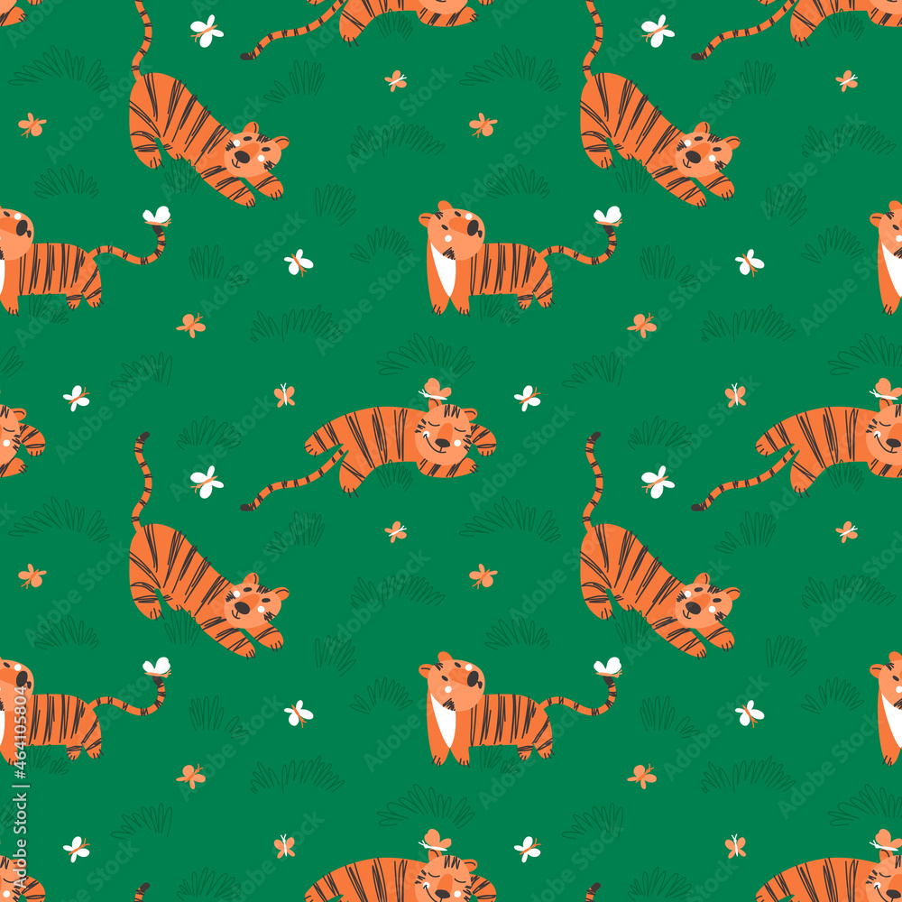 Seamless pattern with simple cute tiger cubs and butterflies on a green ...