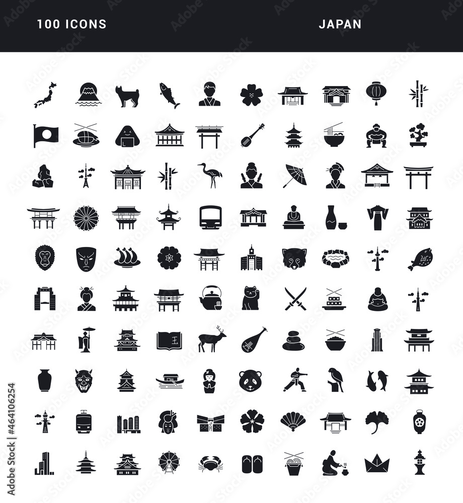 Japan. Collection of perfectly simple monochrome icons for web design ...