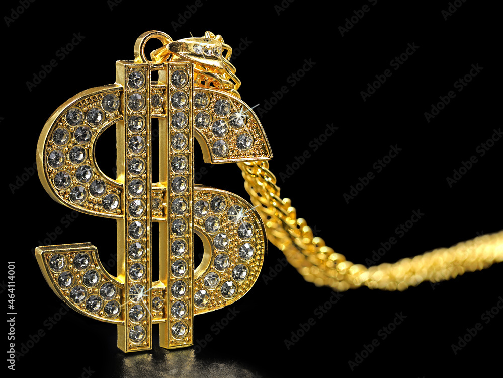 golden necklace dollar symbol with sparkling diamonds isolated on black ...