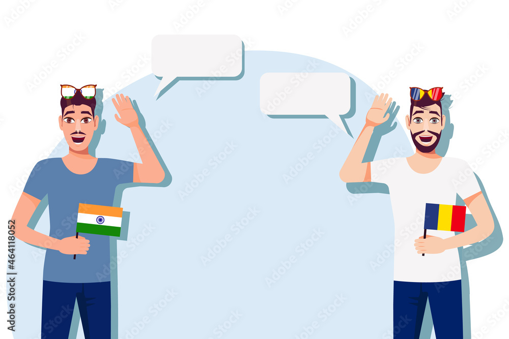 Vetor de Men with Indian and Romanian flags. Background for the text ...