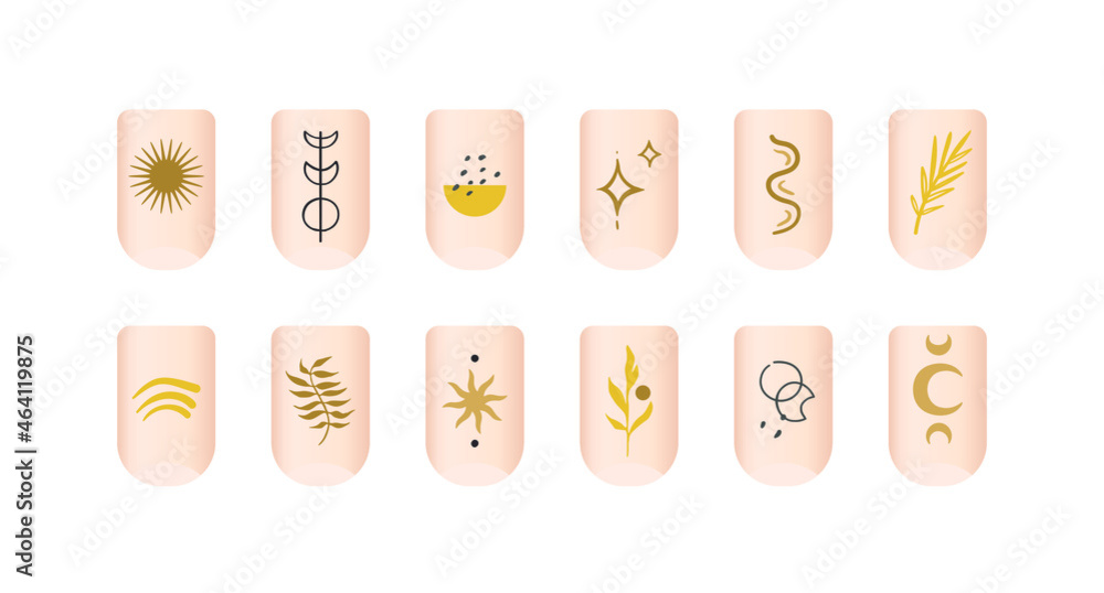 Set of painted nails in bohemian style. Flat vector manicure designs ...