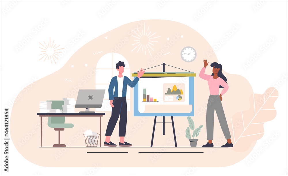 Female boss in office. Girl checks employee reports, analyzes ...