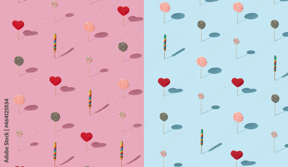 Colorful sweet, blue and pink pattern. Candies of different shapes and ...