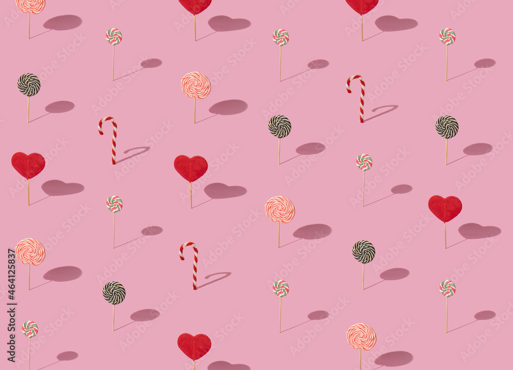 Colorful sweet and pink pattern. Candies of different shapes and sizes ...