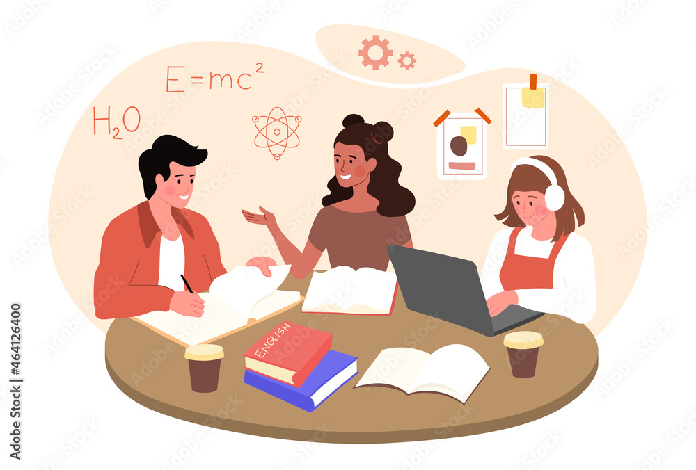 Group of students studying. Children prepare for lessons in various ...